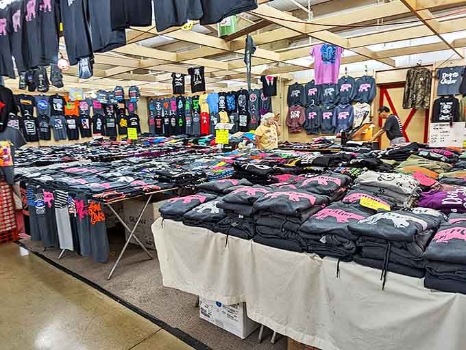 T-shirts in every color imaginable create a textile rainbow&mdash;graphic tees proclaiming everything from band loyalties to political philosophies await new owners.