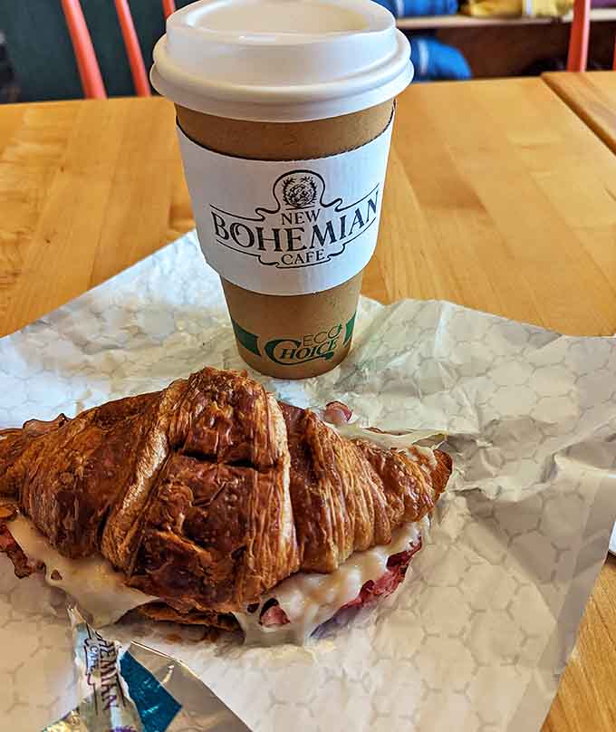 A croissant sandwich and coffee &ndash; the breakfast power couple that's supported humans through Monday mornings since time immemorial, elevated to art form here.