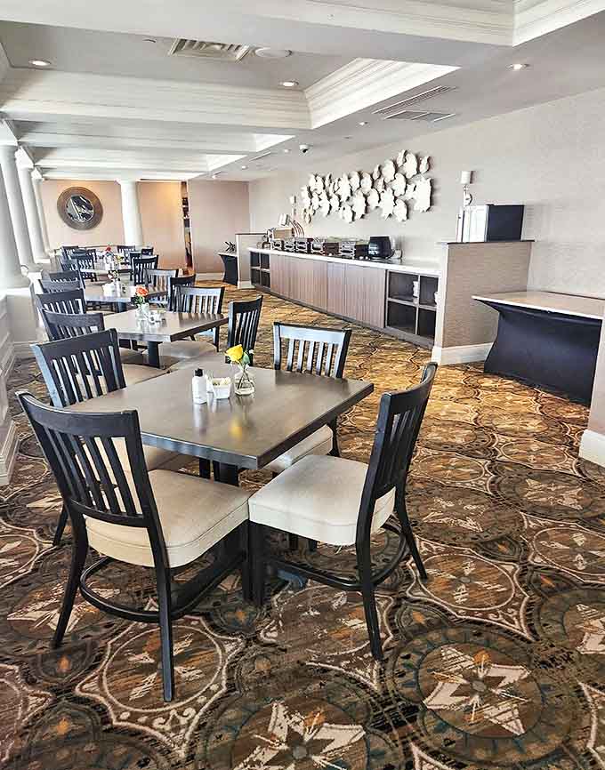 The dining area's elegant simplicity lets the food (and those massive windows) do all the talking.