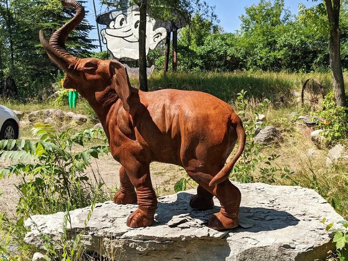 This rusty pachyderm stands proud, trunk raised high &ndash; proving elephants never forget, especially when they're made of repurposed metal.