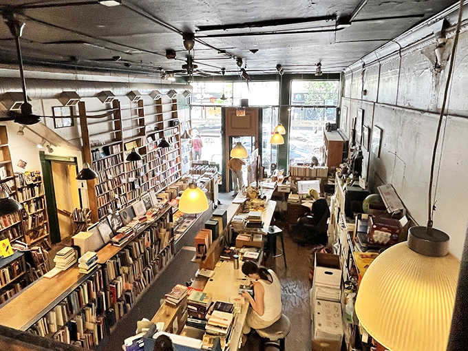 An overhead view reveals the organized chaos below &ndash; browsers navigating the labyrinth of shelves like characters in their own story.