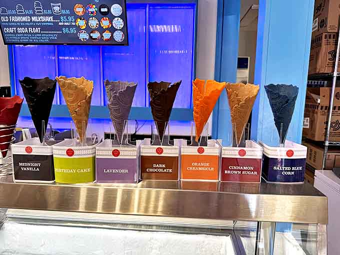 Seven magnificent flavor cones stand at attention like colorful soldiers, from Midnight Vanilla to the intriguingly named Salted Sea Corn.