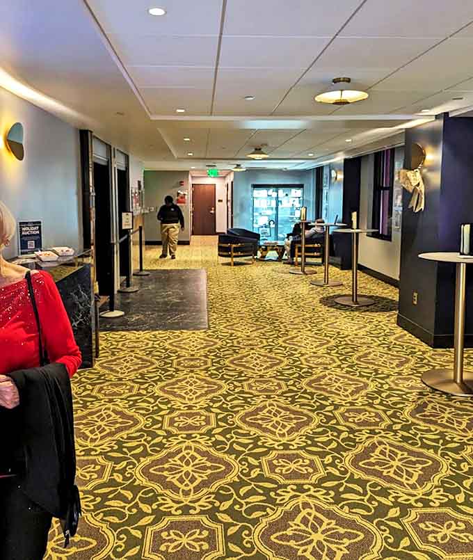 Patterned carpets and warm lighting create an atmosphere of intimate luxury, making even a simple stroll to your seat feel like a special occasion.