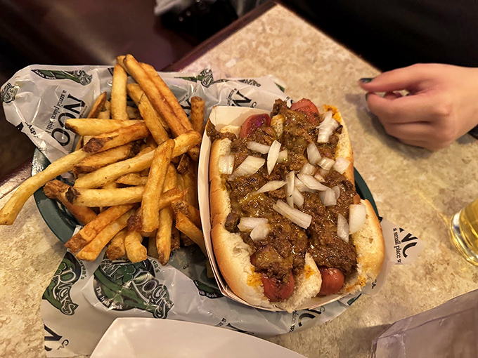 A classic coney dog with all the fixings - proof that The Nook excels beyond their famous burgers.