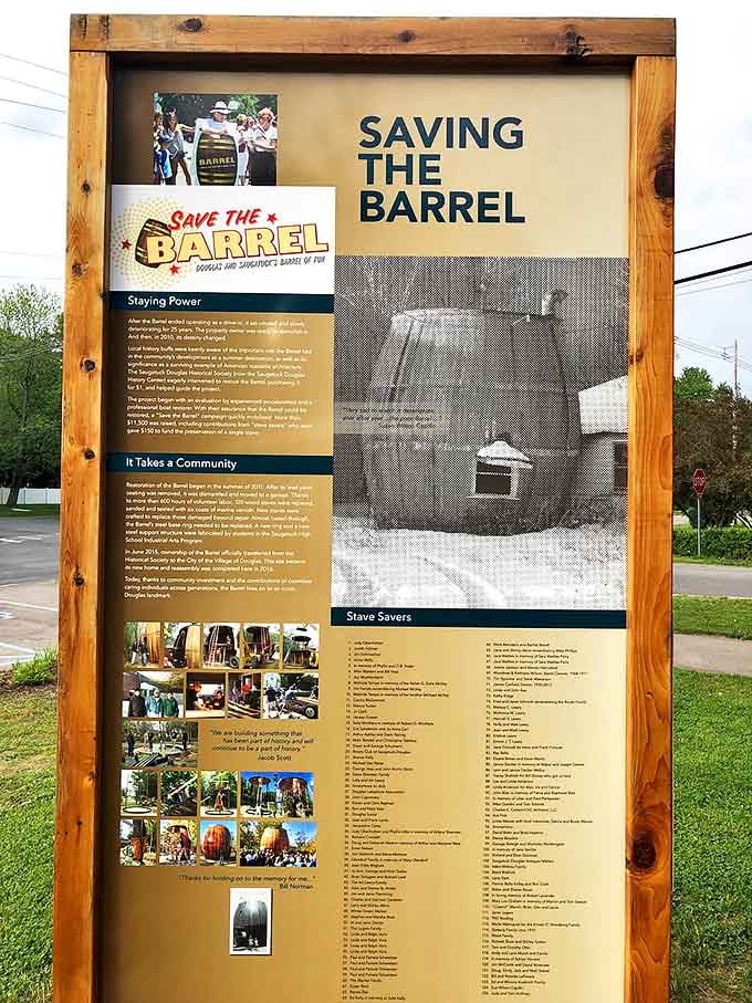 The "Saving the Barrel" information board tells the heartwarming story of community preservation &ndash; when locals refused to let a beloved landmark fade into history.