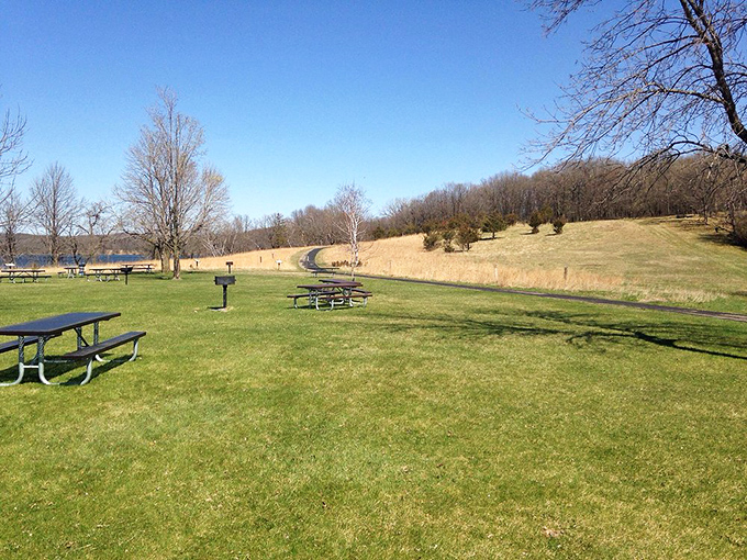 Comfortable benches offer perfect resting spots to absorb the falls' beauty, proving not all great views require standing.