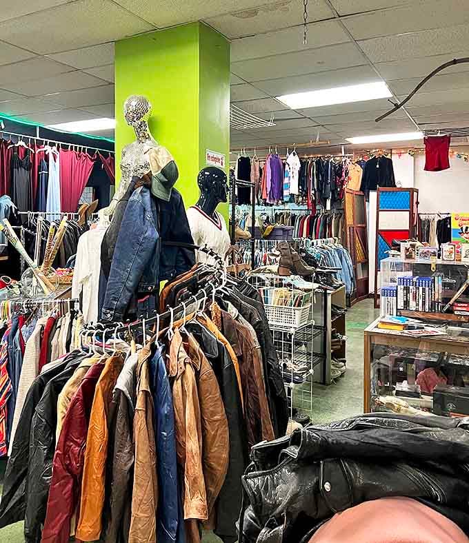 The clothing section defies categorization, with decades of fashion hanging together in what can only be described as "chronological confusion."