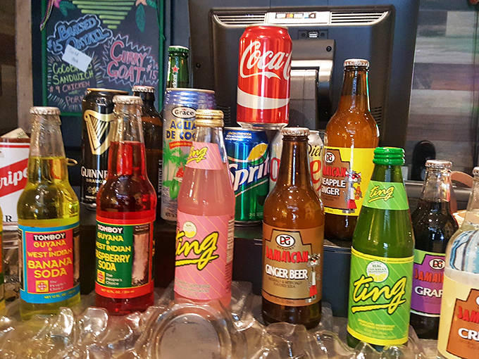 The drink cooler &ndash; a colorful United Nations of Caribbean sodas where Ting, D&G, and Jamaican ginger beer offer authentic liquid refreshment.