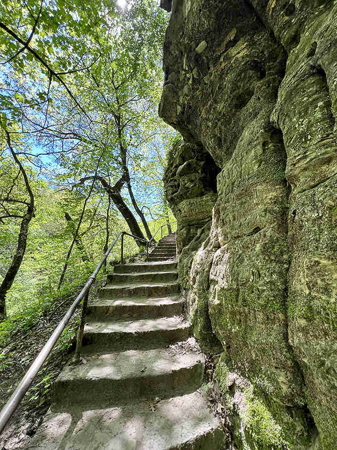 These stone steps, carved into the ancient rock face, invite exploration while silently suggesting "maybe hold onto the railing, just in case."