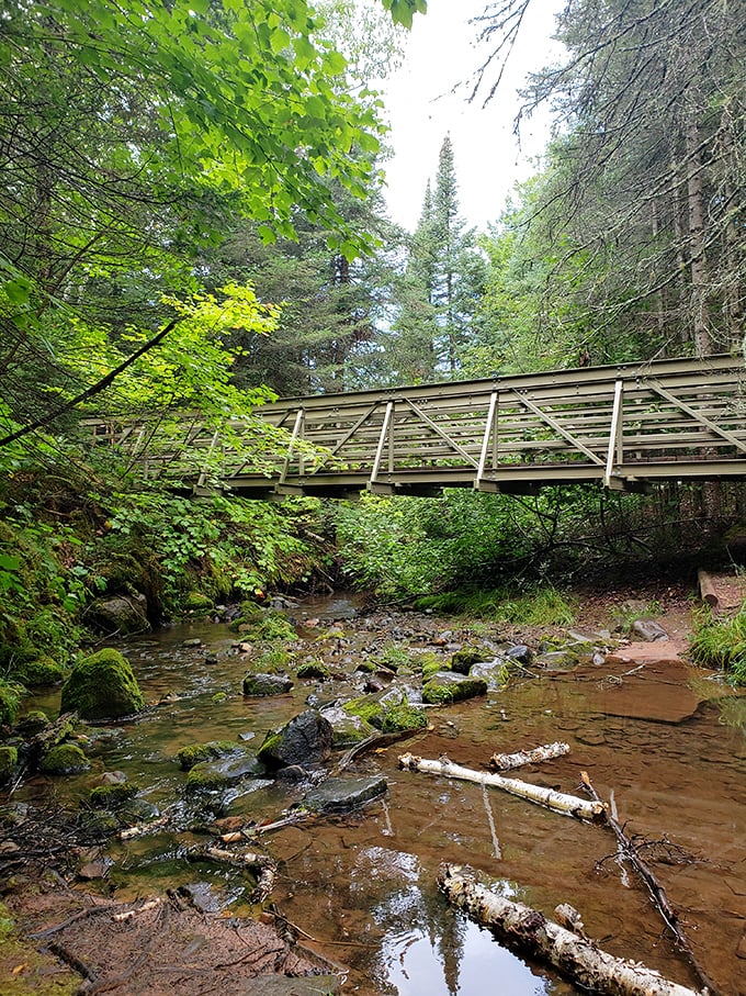 Sunlight illuminates the stream under the bridge, revealing layers of geological history in a natural light show that changes hourly.