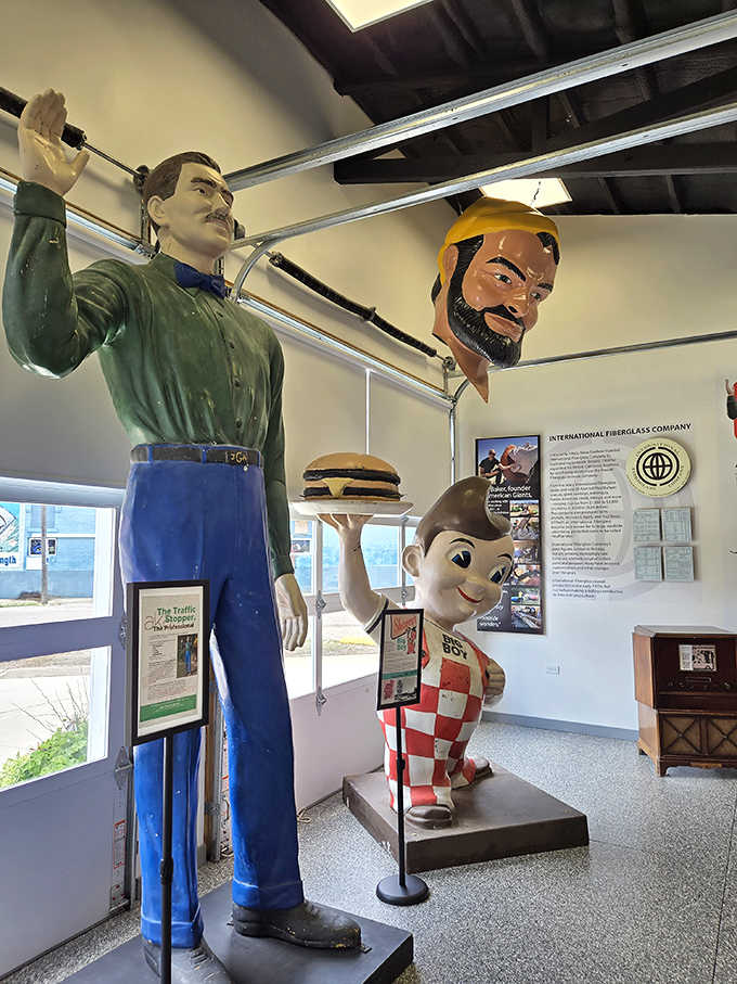 The "Traffic Stopper" statue lives up to his name, his permanent smile and helpful stance a reminder of service station hospitality from a bygone era.