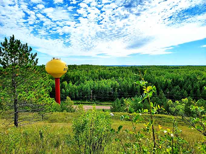 The iconic water tower stands sentinel over the forest, a cheerful yellow beacon amid the endless green.