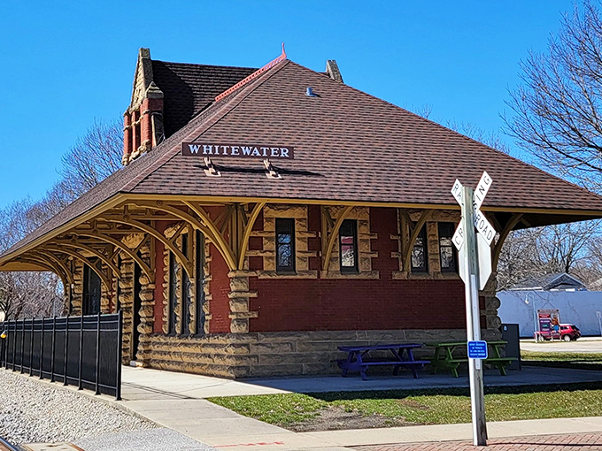 Victorian charm preserved: Whitewater's historic train depot stands as a testament to small-town Wisconsin's railroad legacy.