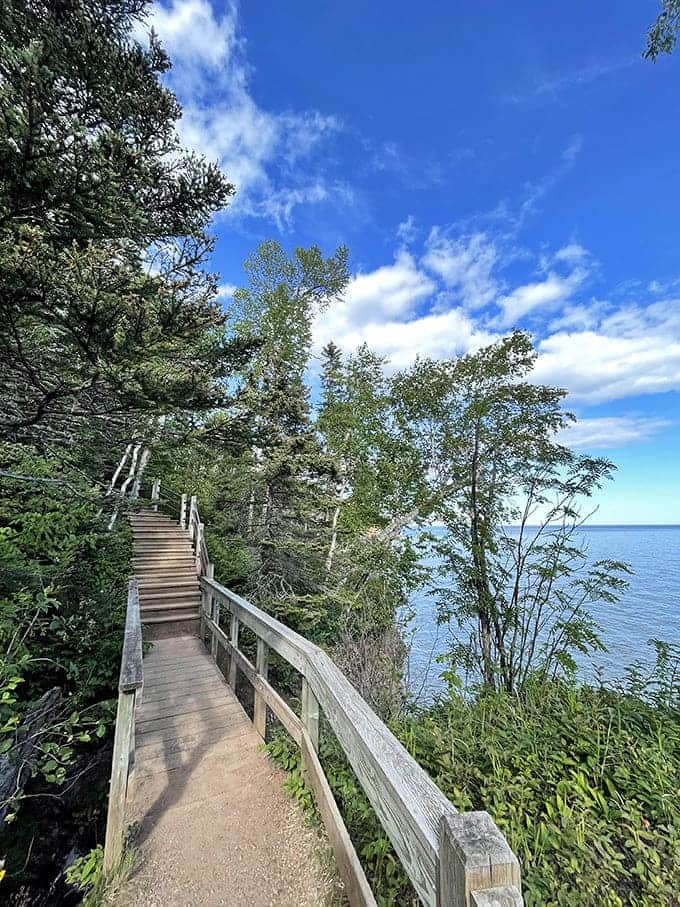 Fall leaves carpet these wooden steps, creating a colorful pathway through Tettegouche's enchanted forest.