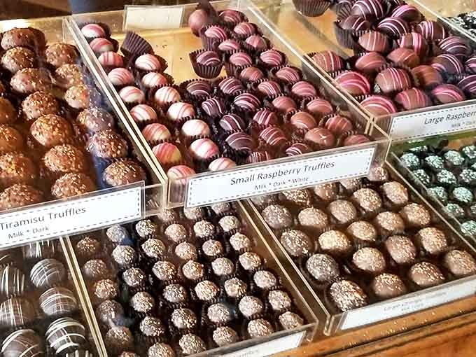 Truffles lined up like tiny chocolate soldiers, each one representing a different flavor adventure waiting to happen in your mouth.