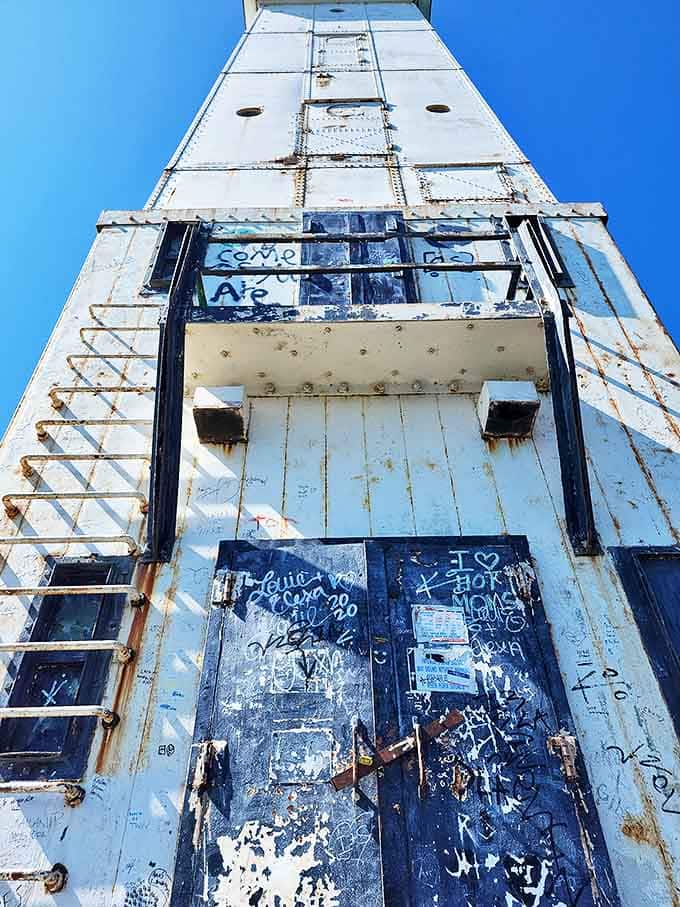 Front Door: Decades of graffiti tell stories of visitors past &ndash; apparently "Kevin + Sarah" were here in '86 and still feeling pretty good about it.