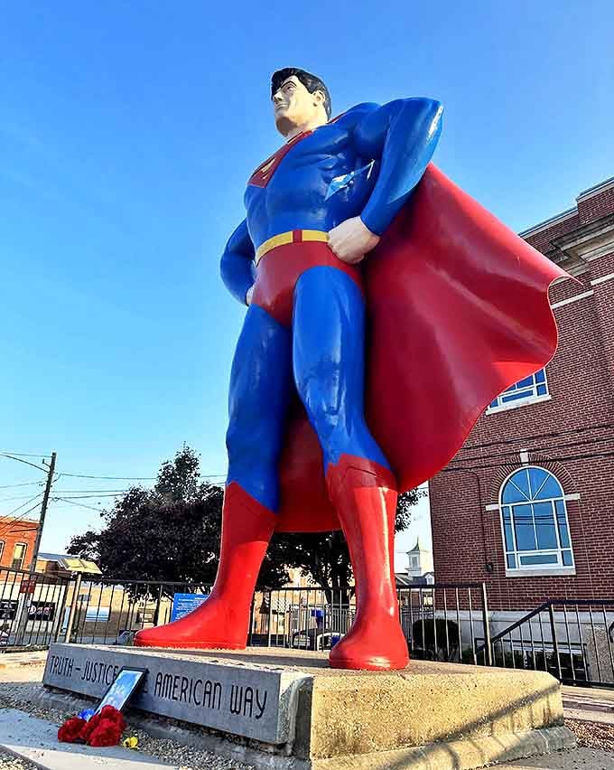 Looking up at the Man of Steel from below captures the awe-inspiring perspective that makes visitors feel like citizens of the comic book Metropolis.
