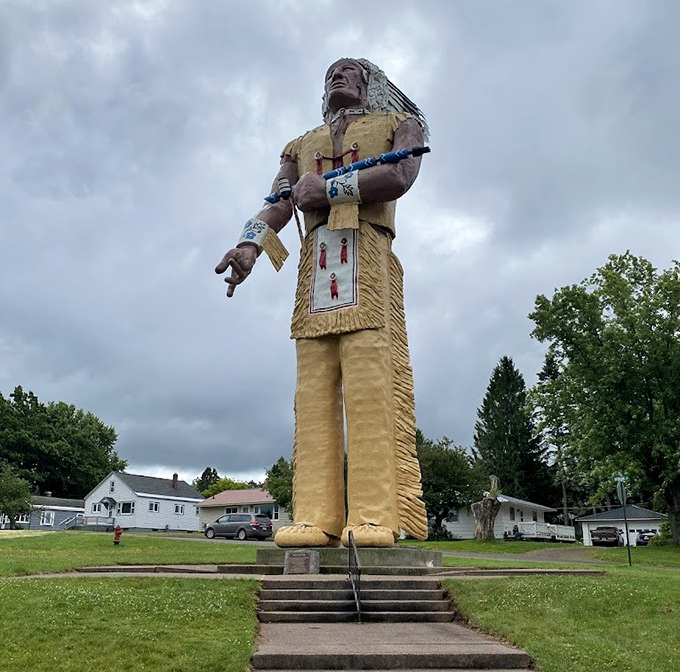 The towering Hiawatha statue stands sentinel over Ironwood, his arm raised in eternal greeting. At 52 feet tall, this fiberglass giant has become an icon of Michigan's western Upper Peninsula.