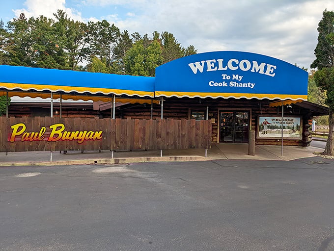 Timber! Paul Bunyan's Cook Shanty brings lumberjack legends to life with its rustic log cabin design.