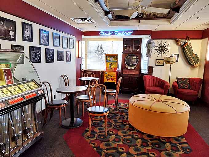 The retro dining area feels like a movie set where the food is the real star and every table has the best seat in the house.