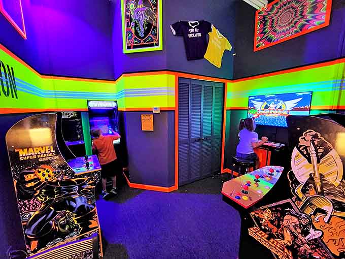 Arcade: Neon lights and classic cabinets create a time portal to simpler days when quarters were currency and high scores were social currency.