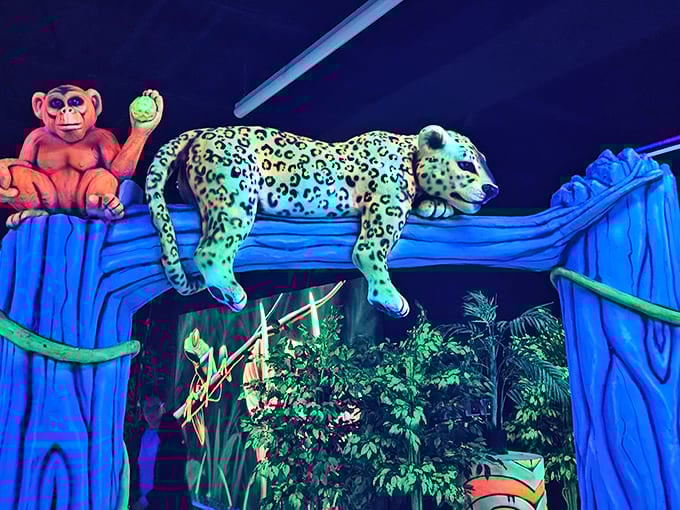 A massive dinosaur arch creates a prehistoric gateway, its teeth glowing with enough brightness to make dentists everywhere proud.