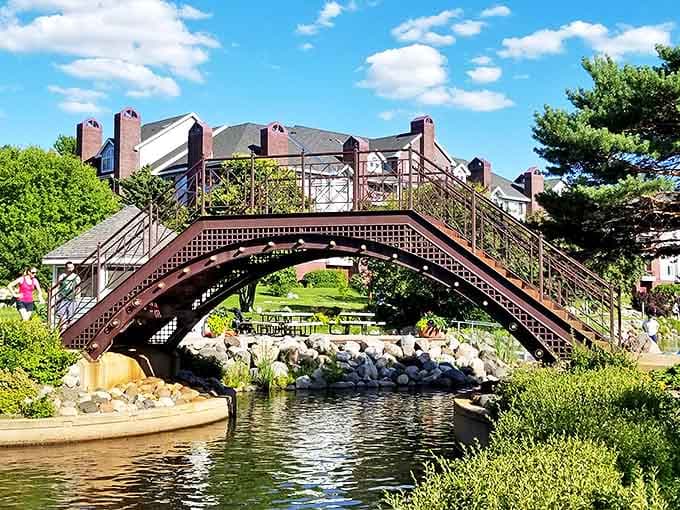 This arching bridge connects more than just two shores &ndash; it's a passage between the everyday world and a moment of tranquility suspended above gently flowing waters.