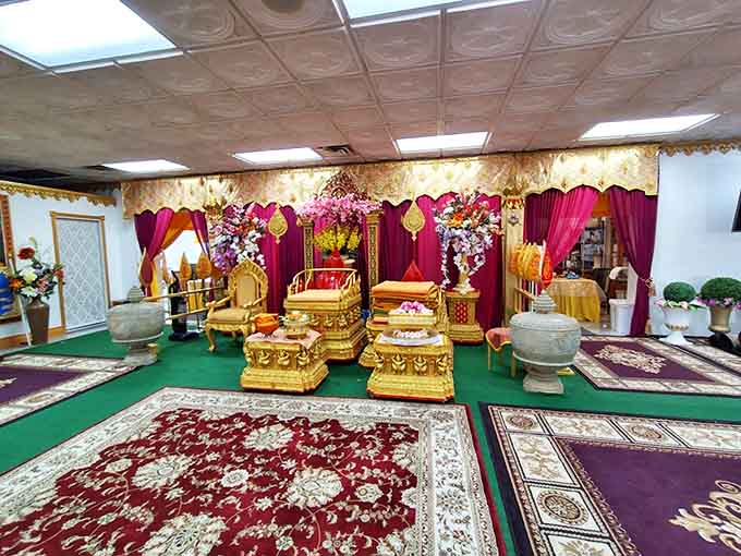 The ceremonial hall blends traditional Cambodian elegance with practical function &ndash; where ancient rituals unfold on plush carpets beneath modern ceilings.