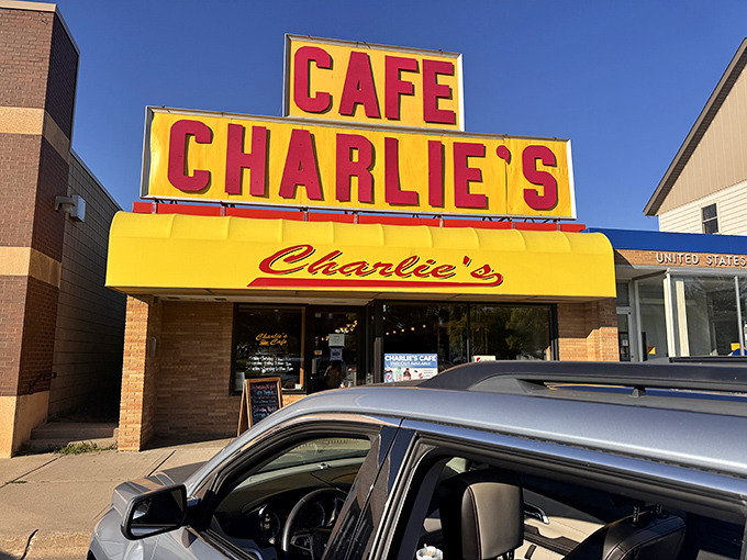Charlie's Caf&eacute;'s vibrant yellow sign promises exactly what it delivers: honest food served with a side of small-town hospitality.