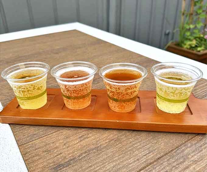 A wooden board showcasing liquid amber in four distinct personalities &ndash; from sweetly innocent to tantalizingly tart.