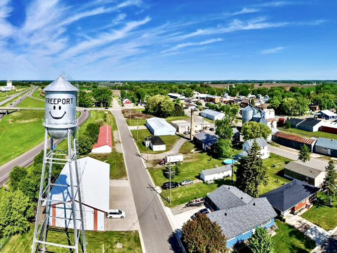 The water tower's elevated position makes it visible throughout town, serving as both a practical reservoir and a constant friendly presence.