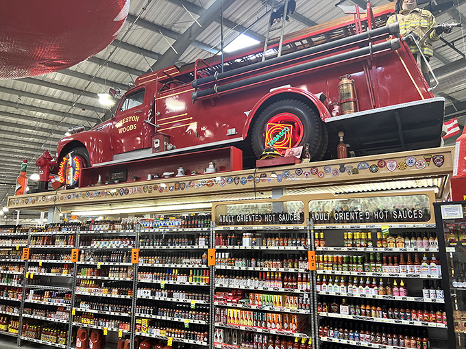 Hot sauce heaven! A vintage fire truck mounted above thousands of bottles containing everything from mild warmth to liquid inferno.