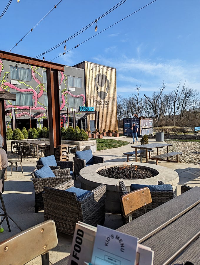 Gather around the outdoor fire pit with fellow beer enthusiasts, where conversations flow as freely as the taps inside.