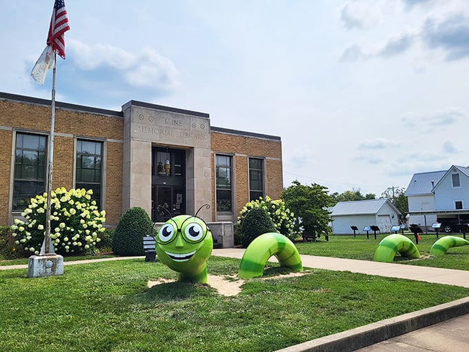 A friendly bookworm greets visitors outside the library. Literature comes alive in Casey, where even the reading mascots are supersized.