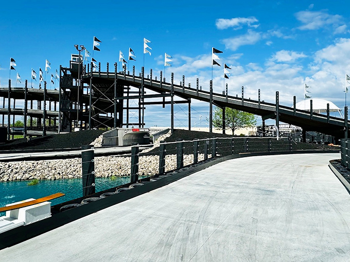 The incline challenges both gravity and engine power, separating the timid from the bold as karts climb toward Michigan's clouds.