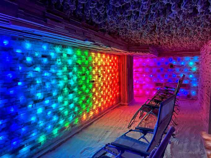 The halotherapy room transforms with chromotherapy lighting, creating a salt disco that's more about breathing than dancing.