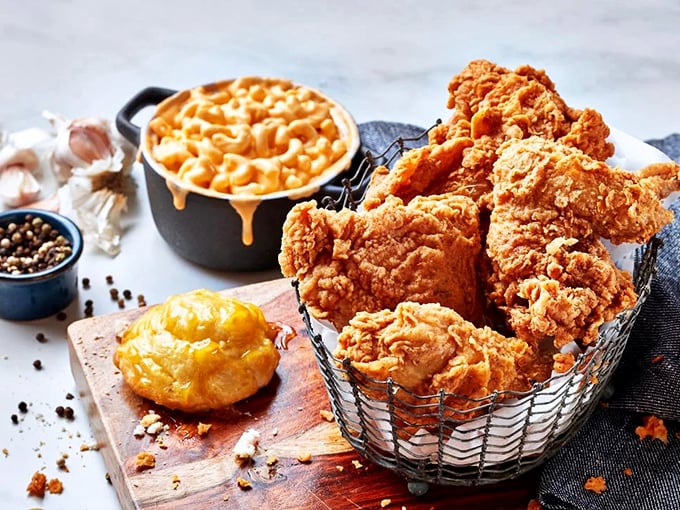 Comfort food squared: Krispy Krunchy's golden chicken paired with mac and cheese that's creamy enough to make you temporarily forget your troubles.