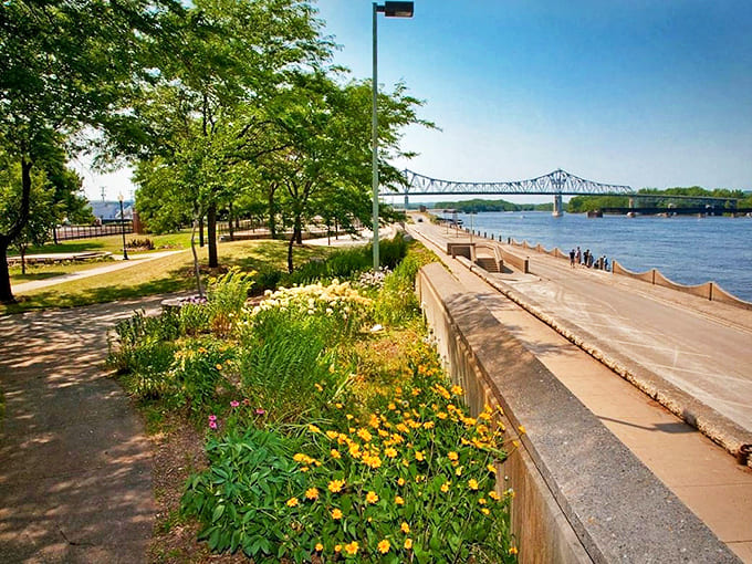 Levee Park serves as Winona's front porch to the Mississippi, where flowers bloom and the river rolls by without a care.