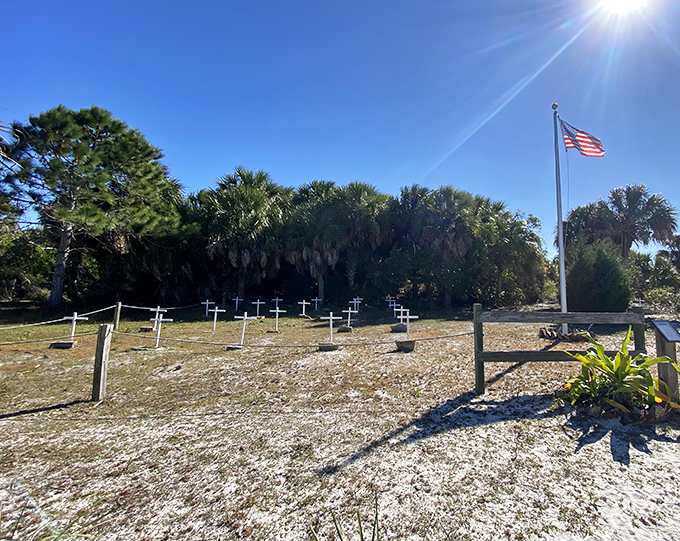 Simple white crosses mark the final resting places of those who once called this remote island home.