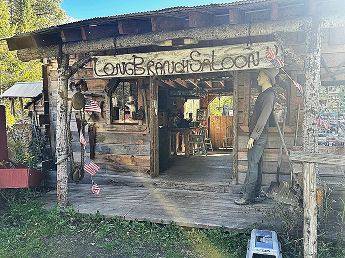 The Long Branch Saloon stands ready to serve imaginary whiskey to dusty travelers, complete with a stoic doorman who never complains.
