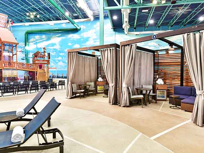 Private cabanas offer families luxurious retreat spaces between water adventures, with comfortable seating and a touch of VIP treatment.