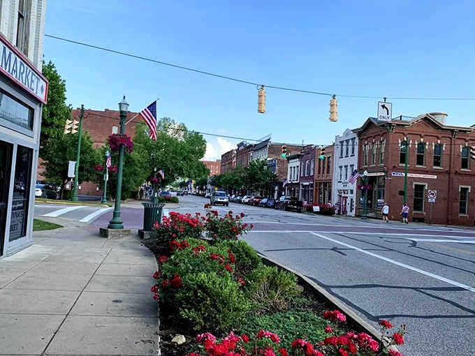 Hanging baskets and American flags &ndash; the universal language of "this town cares" spoken fluently on this charming street.