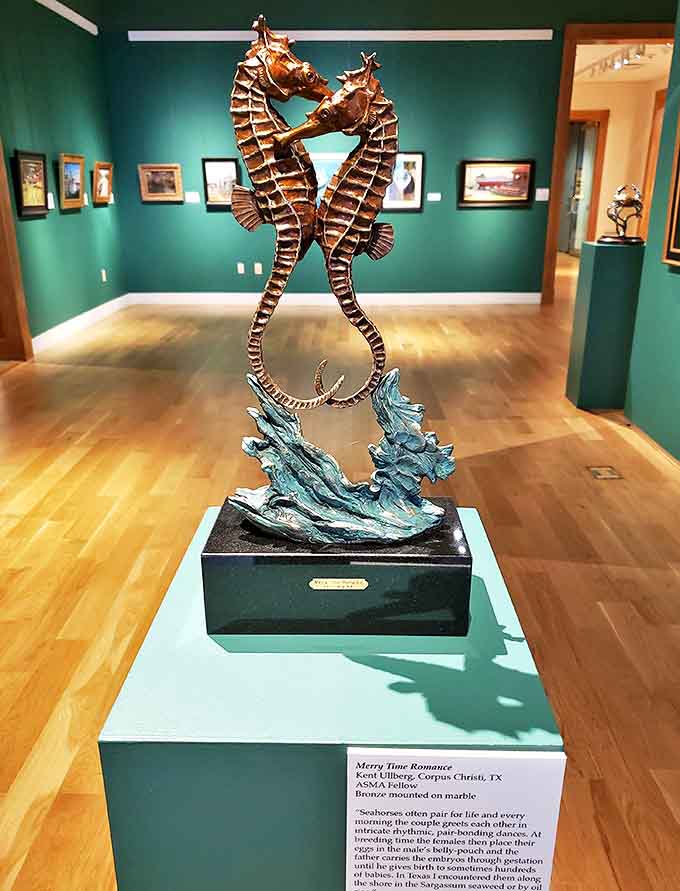 Merry Time Romance: These copper seahorses dance an eternal underwater waltz, their bodies twisting gracefully upward as if caught in a gentle current of love.