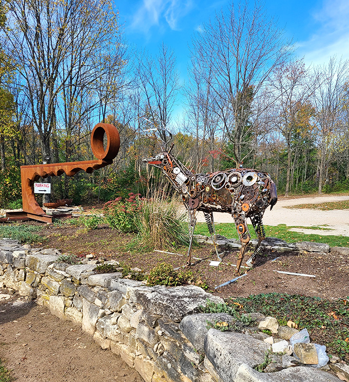 This mechanical deer assembled from recycled parts seems frozen mid-stride &ndash; industrial materials transformed into woodland magic.