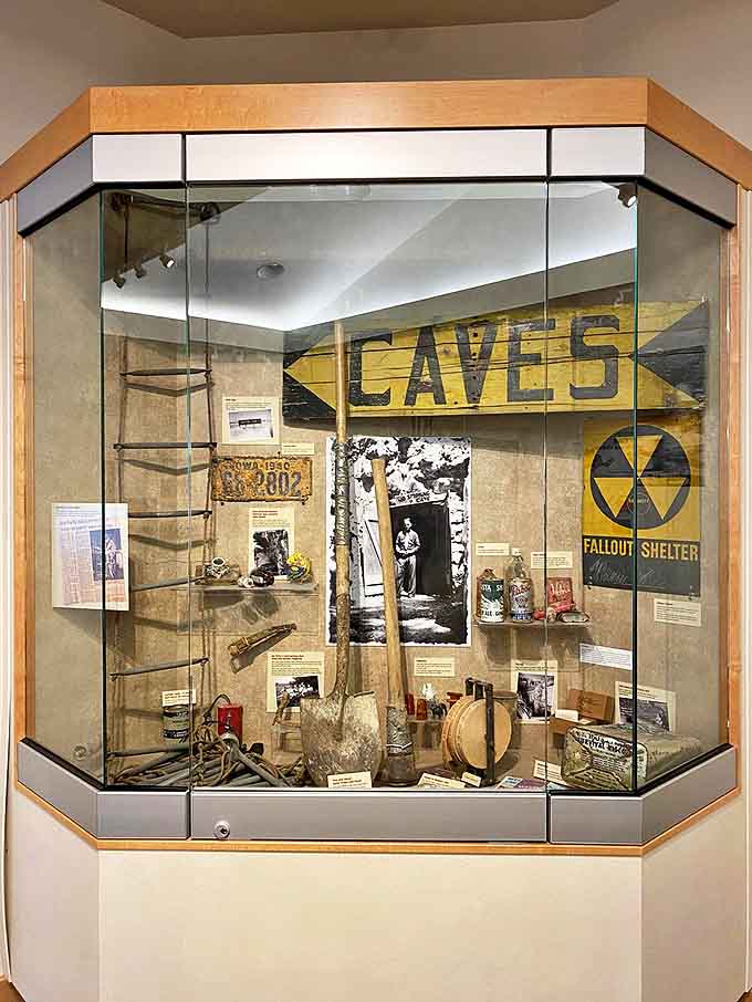 History preserved: This museum display captures the fascinating dual history of Mystery Cave as both natural wonder and Cold War fallout shelter.