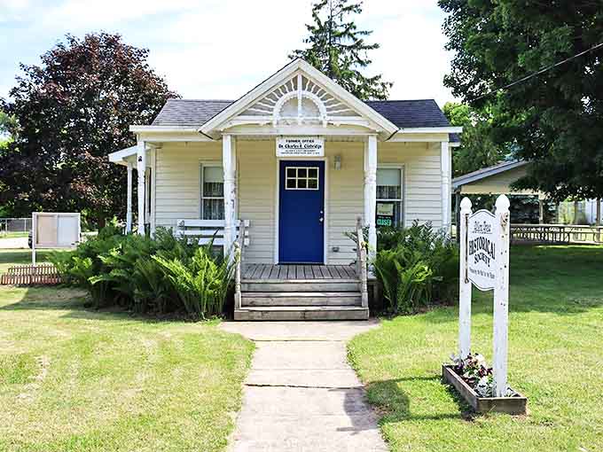 The former office of Dr. Clobridge stands as a reminder of the town's history, now repurposed while preserving its architectural character.