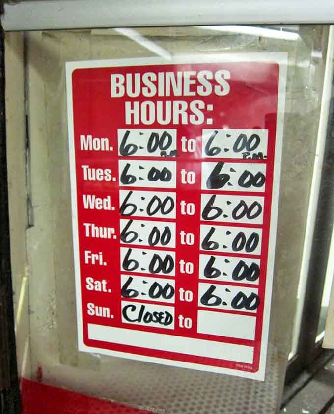 Business hours that tell you everything about priorities: open when donuts matter most, closed when even donut masters need rest.