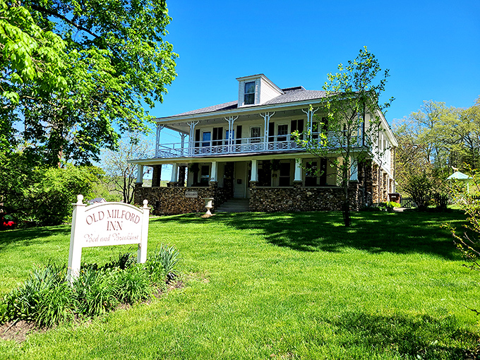 The Old Milford Inn offers a glimpse into the town's storied past, its welcoming porch practically begging visitors to sit a spell.