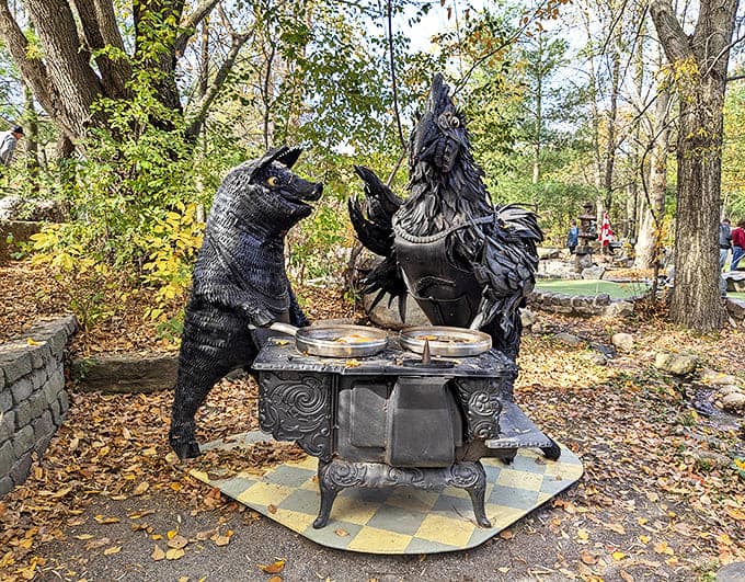 Dinner is served! This metal pig and chicken duo cook up something special on a vintage stove, adding farmyard humor to your golf adventure.