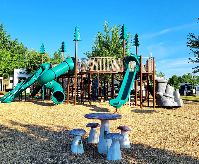 Forest-themed wonderland where imagination runs wild and parents get five blessed minutes to finish a conversation. Those mushroom tables have heard some secrets.